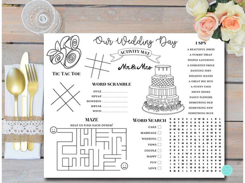 DOWNLOAD Wedding Kids Activity and Coloring Mat - Bride + Bows