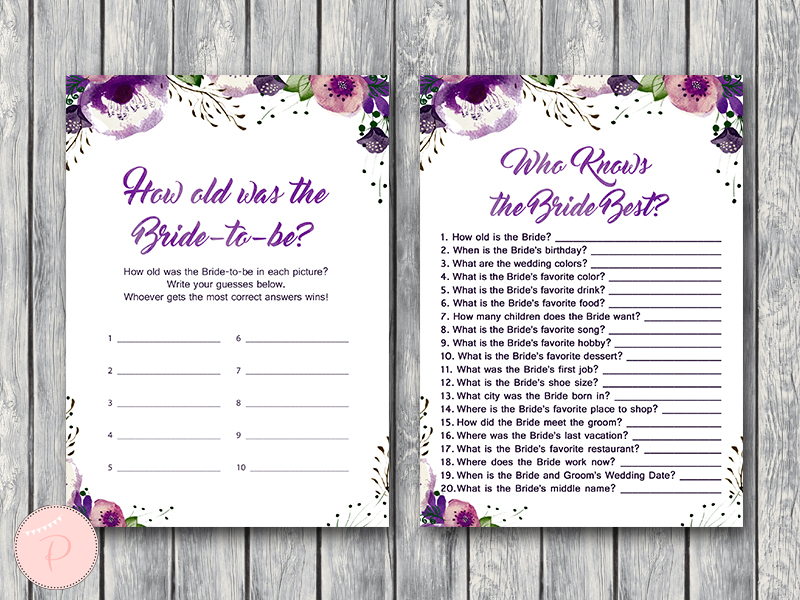 Purple Flower Wedding Bridal Shower Games - Bride + Bows